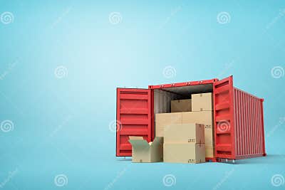 3d Rendering of Red Shipping Container Filled with Cardboard Boxes on ...