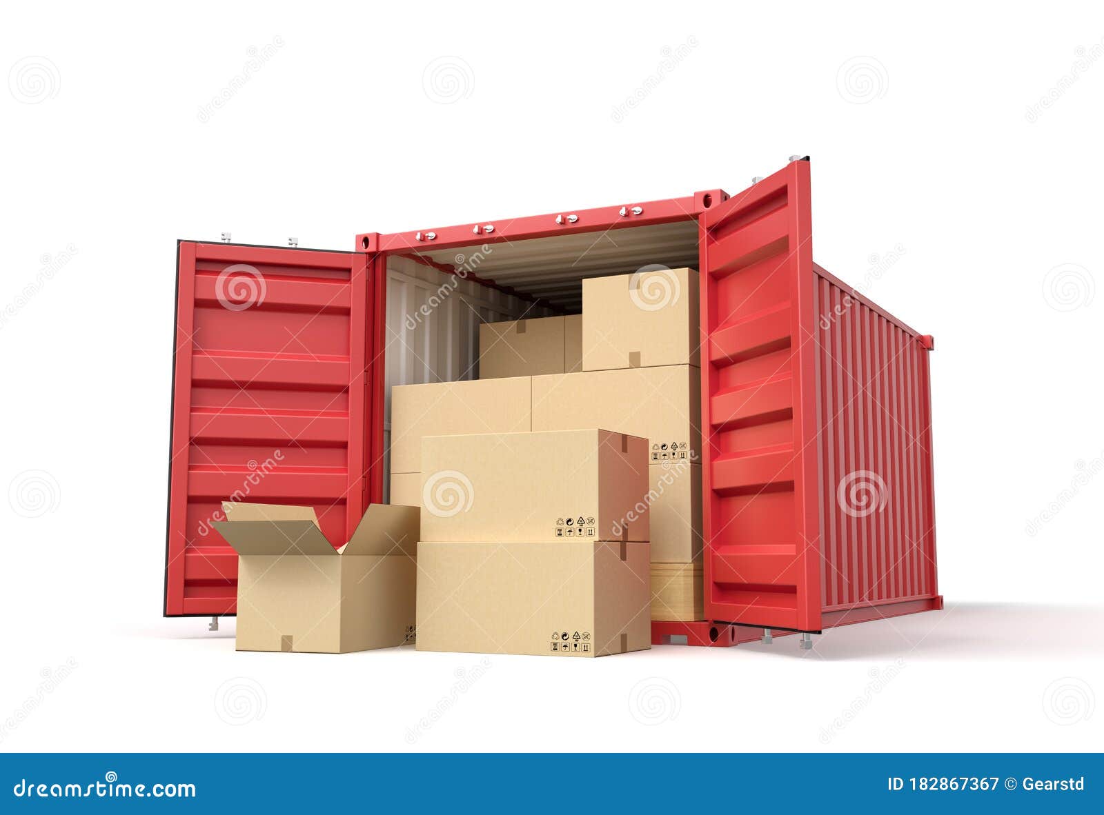 3d Rendering of Red Shipping Container Filled with Cardboard Boxes ...
