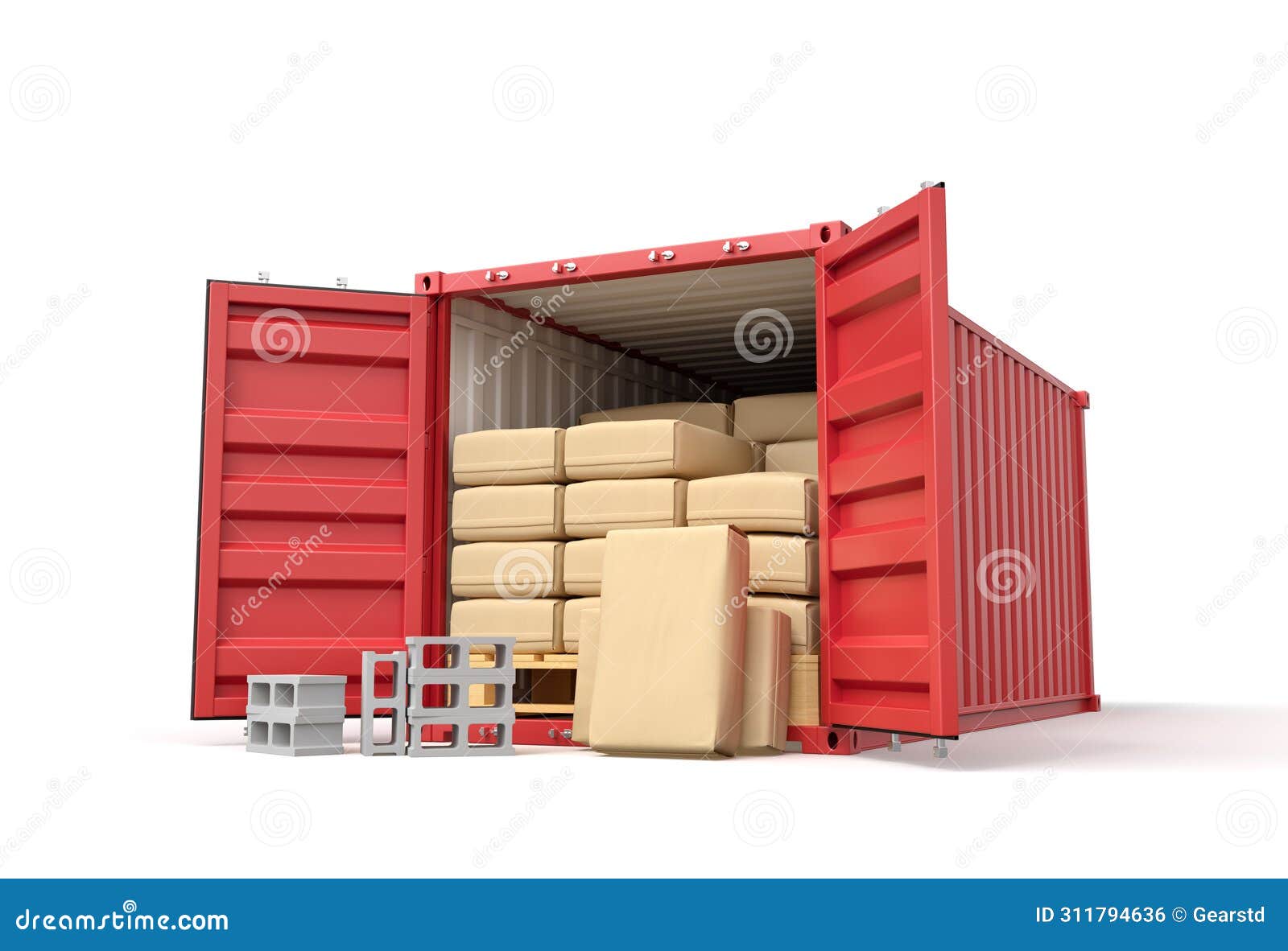 3d Rendering of Red Shipping Container Filled with Packs and Bricks ...