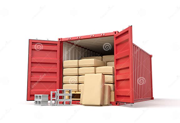 3d Rendering of Red Shipping Container Filled with Packs and Bricks ...