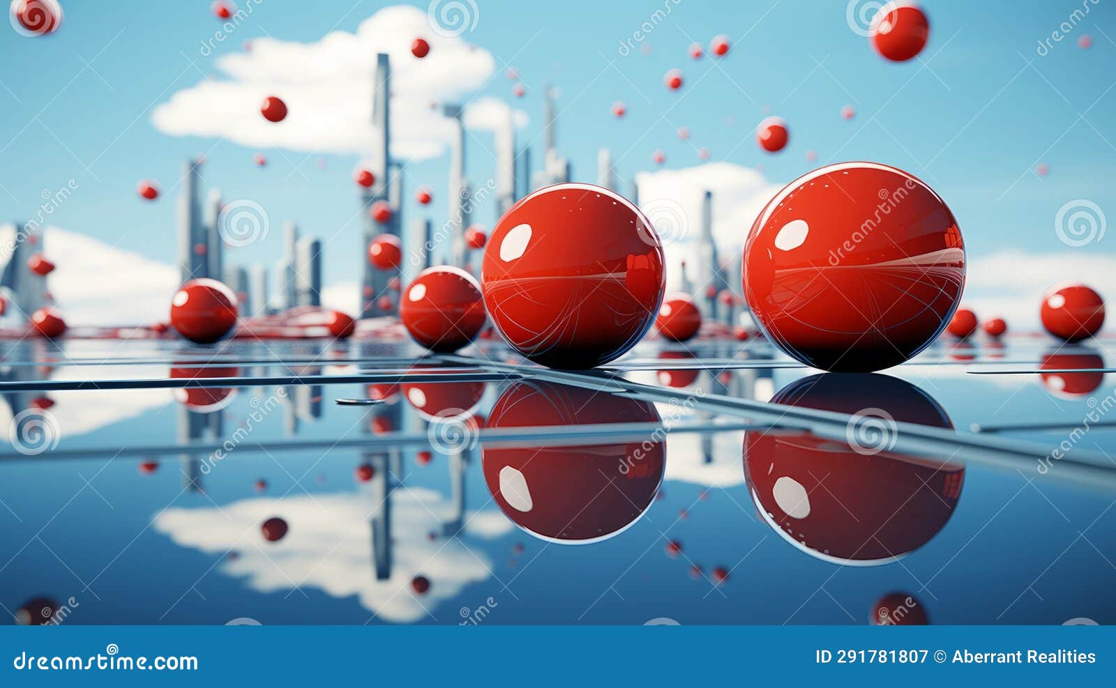 3d Rendering of Red Spheres on a Reflective Surface Stock Illustration ...