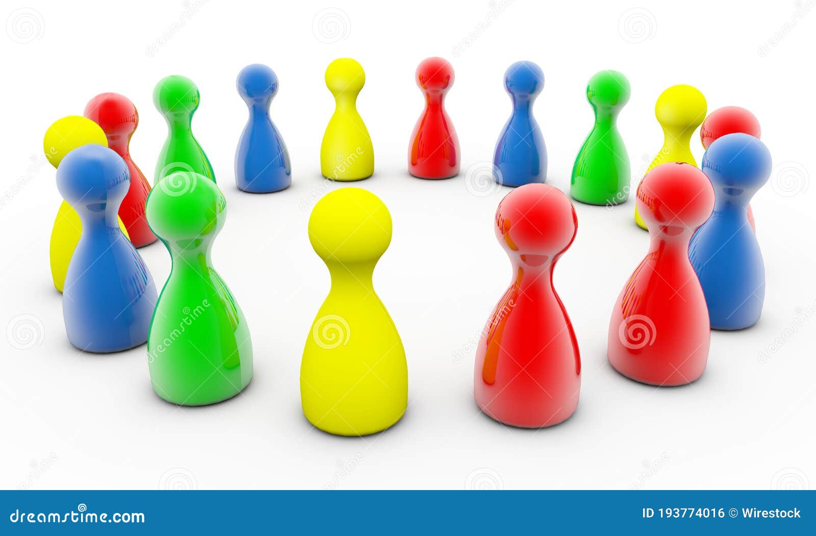3D Rendering of Red, Yellow, Blue, and Green Game Figures in a Circle ...