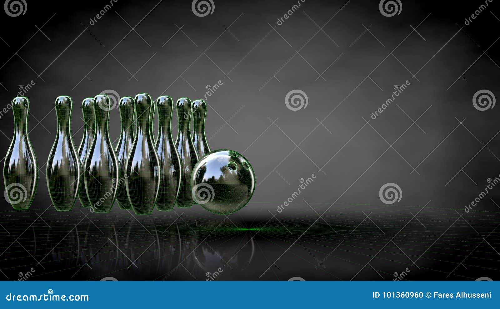 3d Rendering of a Reflective Bowling Set with Green Outlined Lin Stock ...