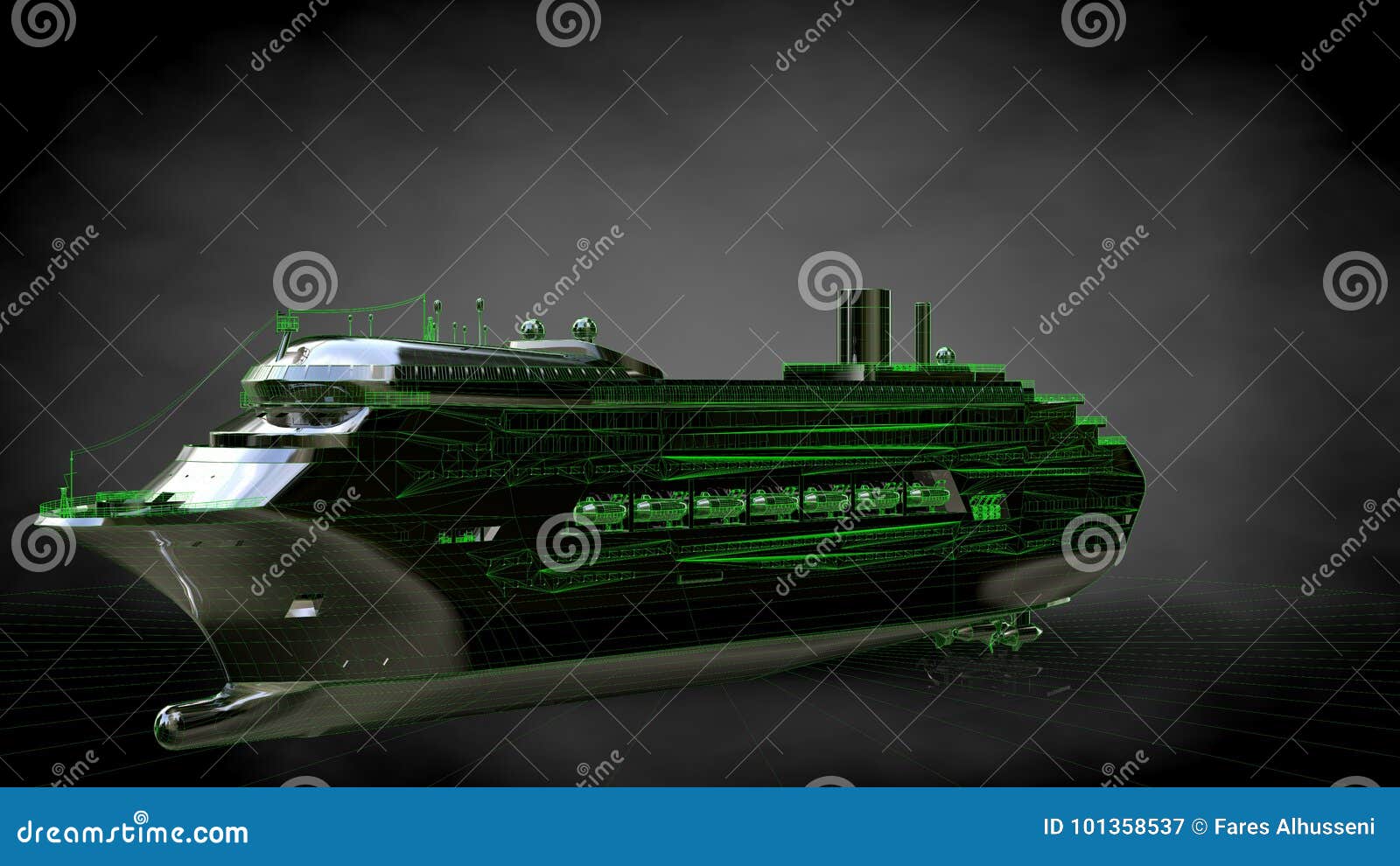 3d Rendering of a Reflective Huge Cargo Ship with Green Outlined Stock ...