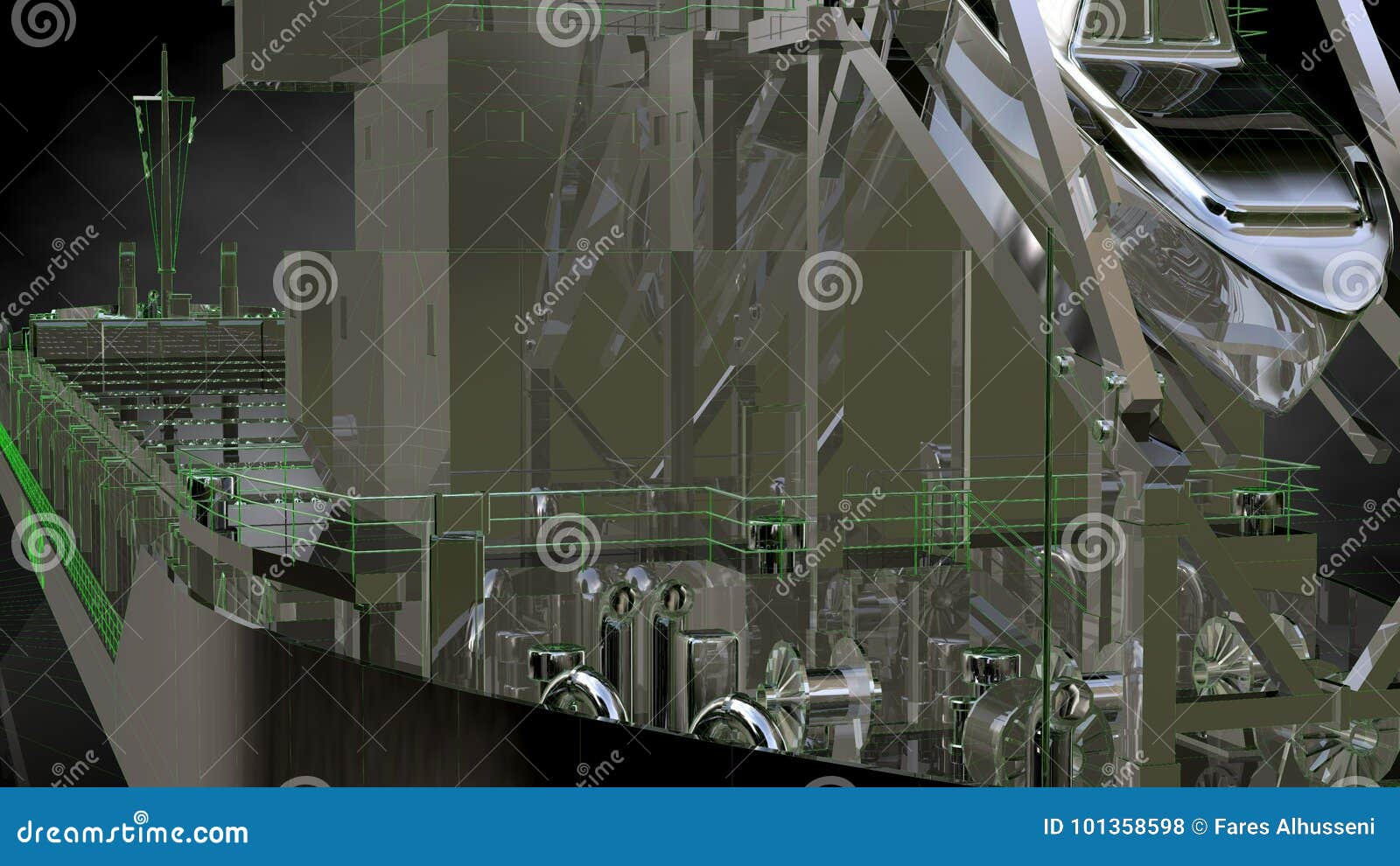 3d Rendering of a Reflective Huge Cargo Ship with Green Outlined Stock ...