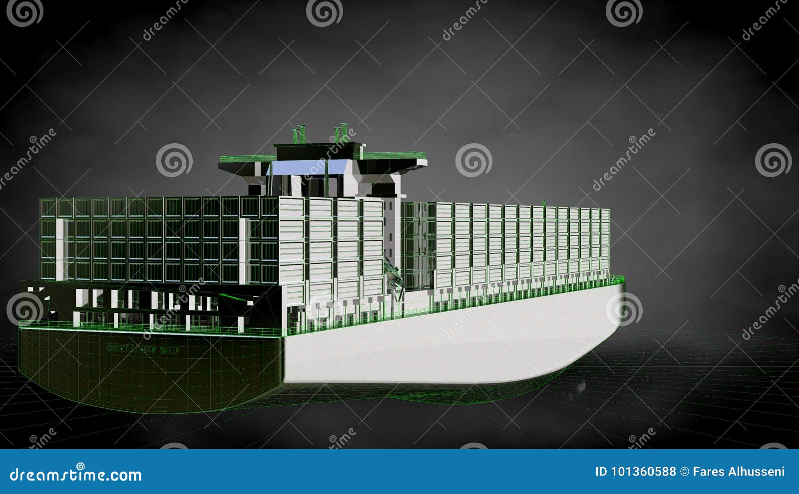 3d Rendering of a Reflective Huge Cargo Ship with Green Outlined Stock ...