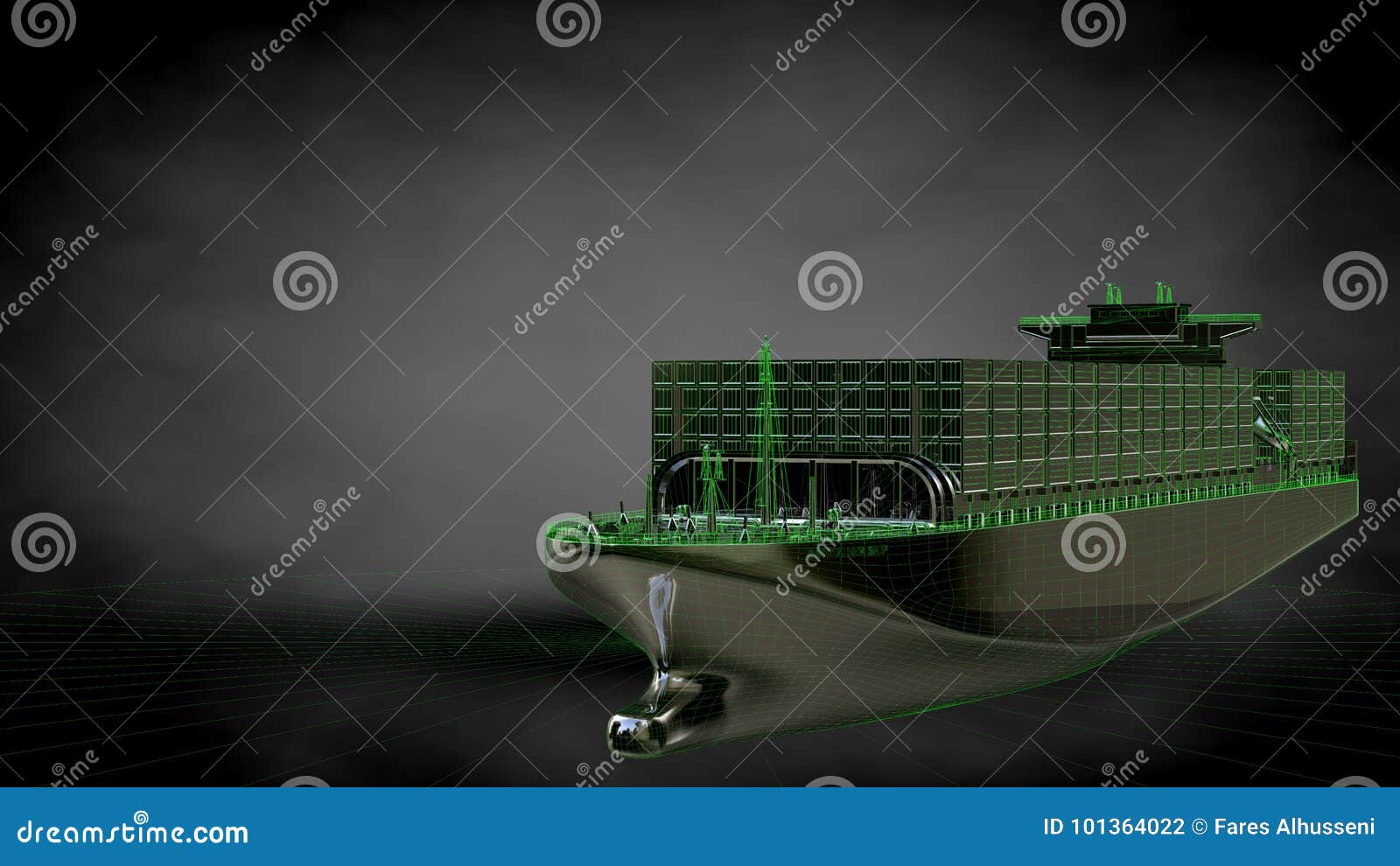 3d Rendering of a Reflective Huge Cargo Ship with Green Outlined Stock ...