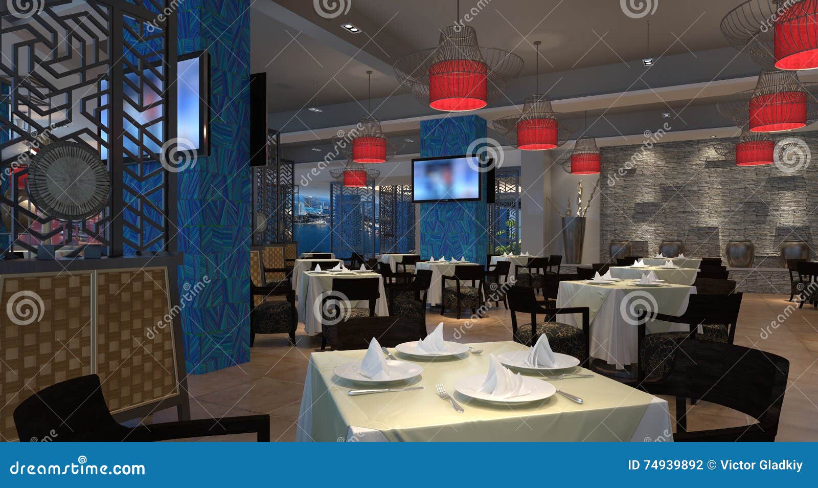 3D Rendering of a Restaurant Interior Design Stock Illustration ...