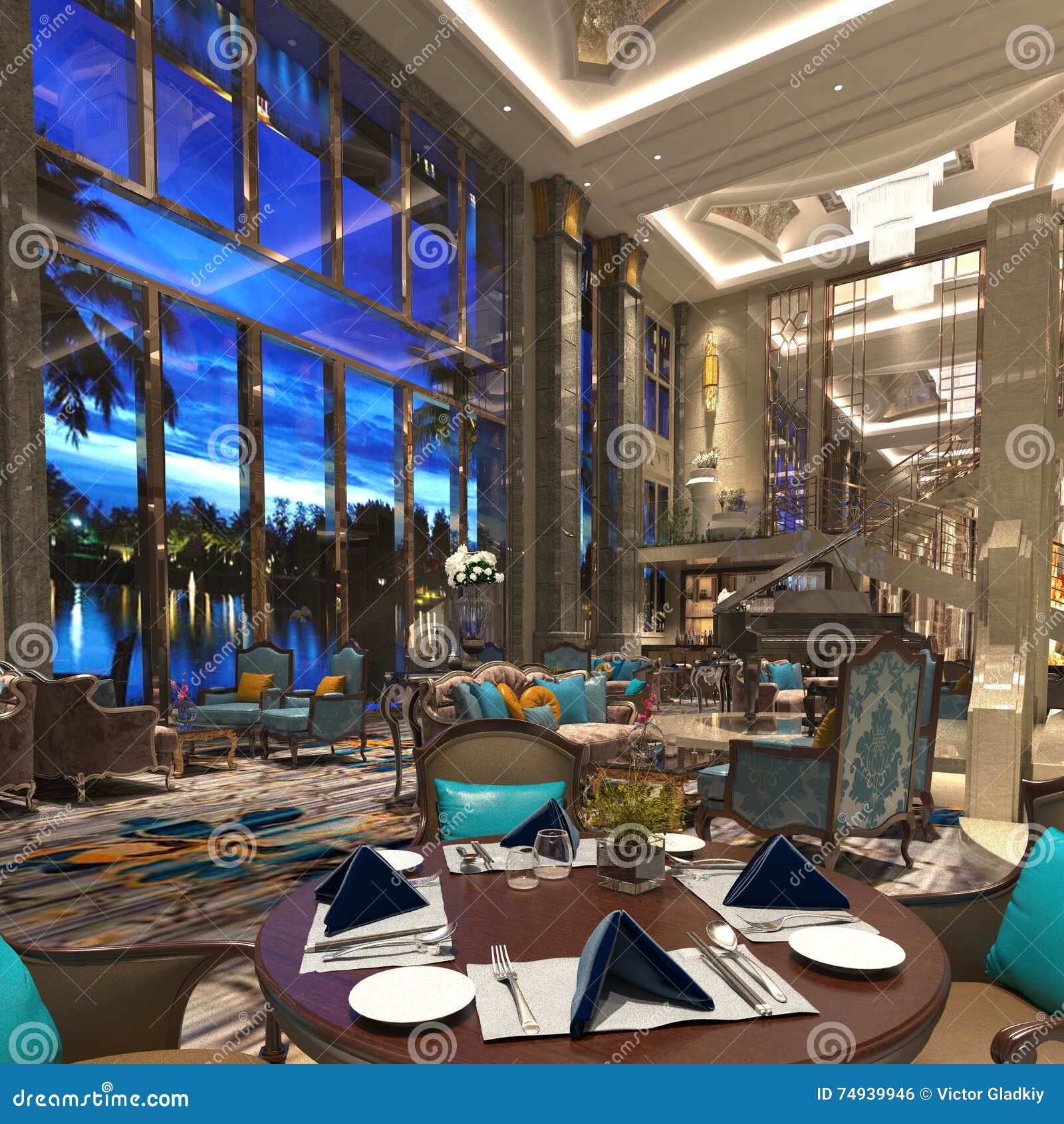 3D Rendering of a Restaurant Interior Design Stock Illustration ...