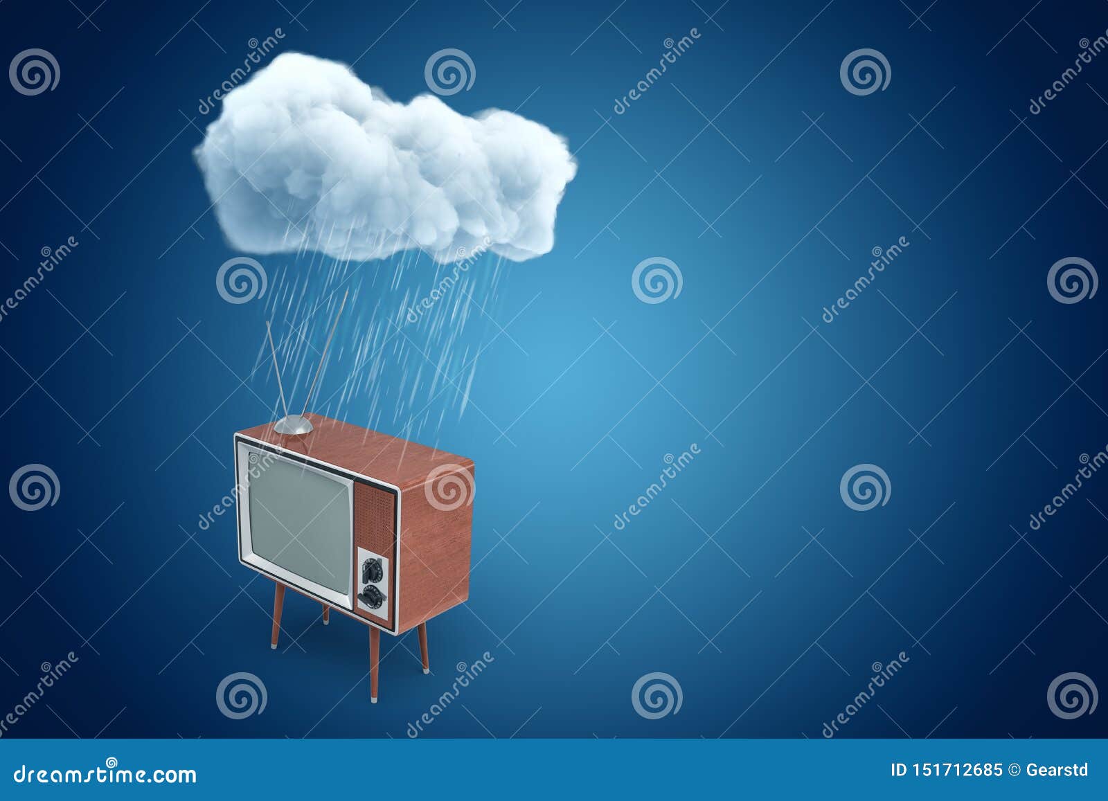 3d Rendering of Retro TV Set Standing Under Raining Cloud on Blue ...