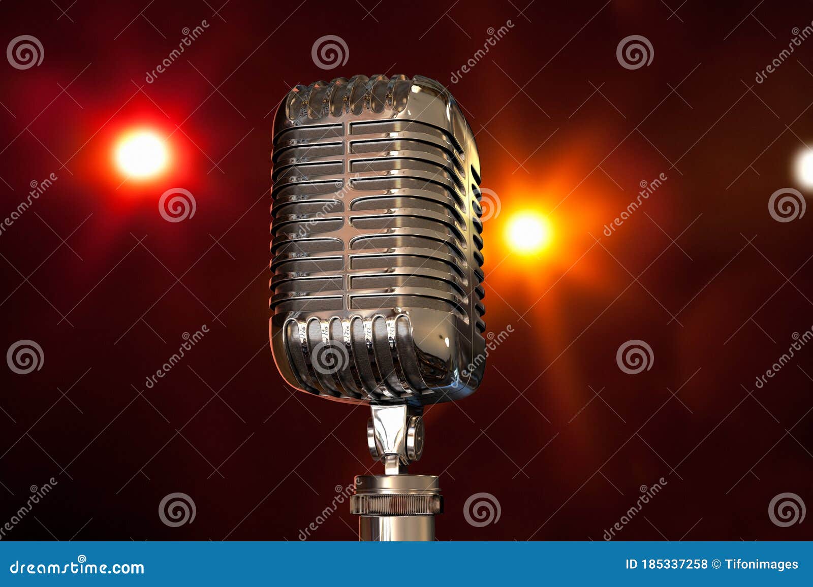 A Retro Vintage Microphone on the Stage with Spot Lights in the Back ...