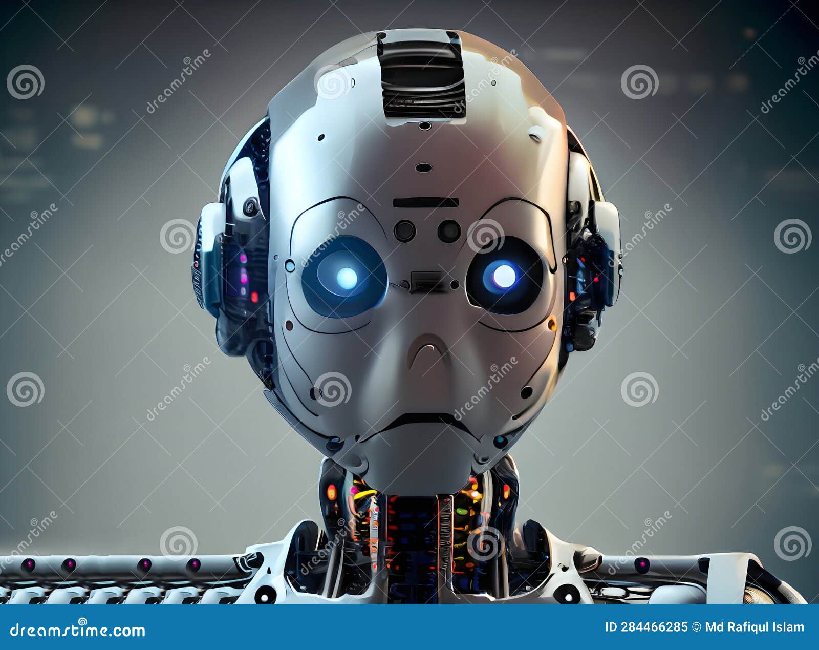 3d Rendering Robot with Blue Lights on the Head and Gray Background ...