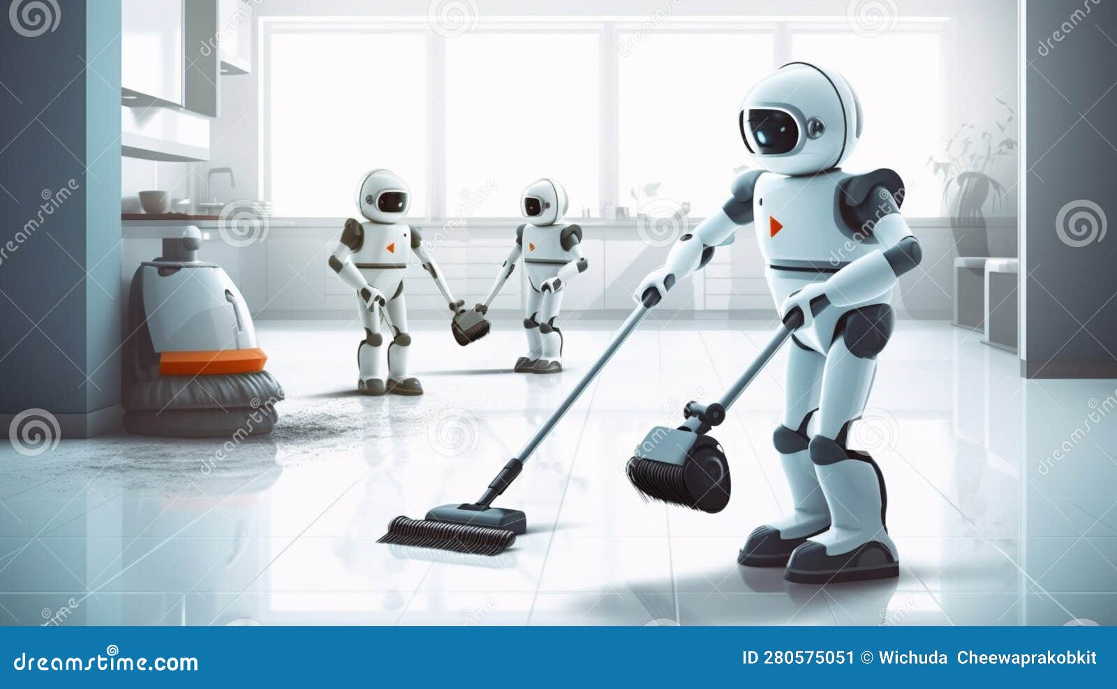 3D Rendering of Robot Cleaning the Kitchen with a Broom. Stock ...