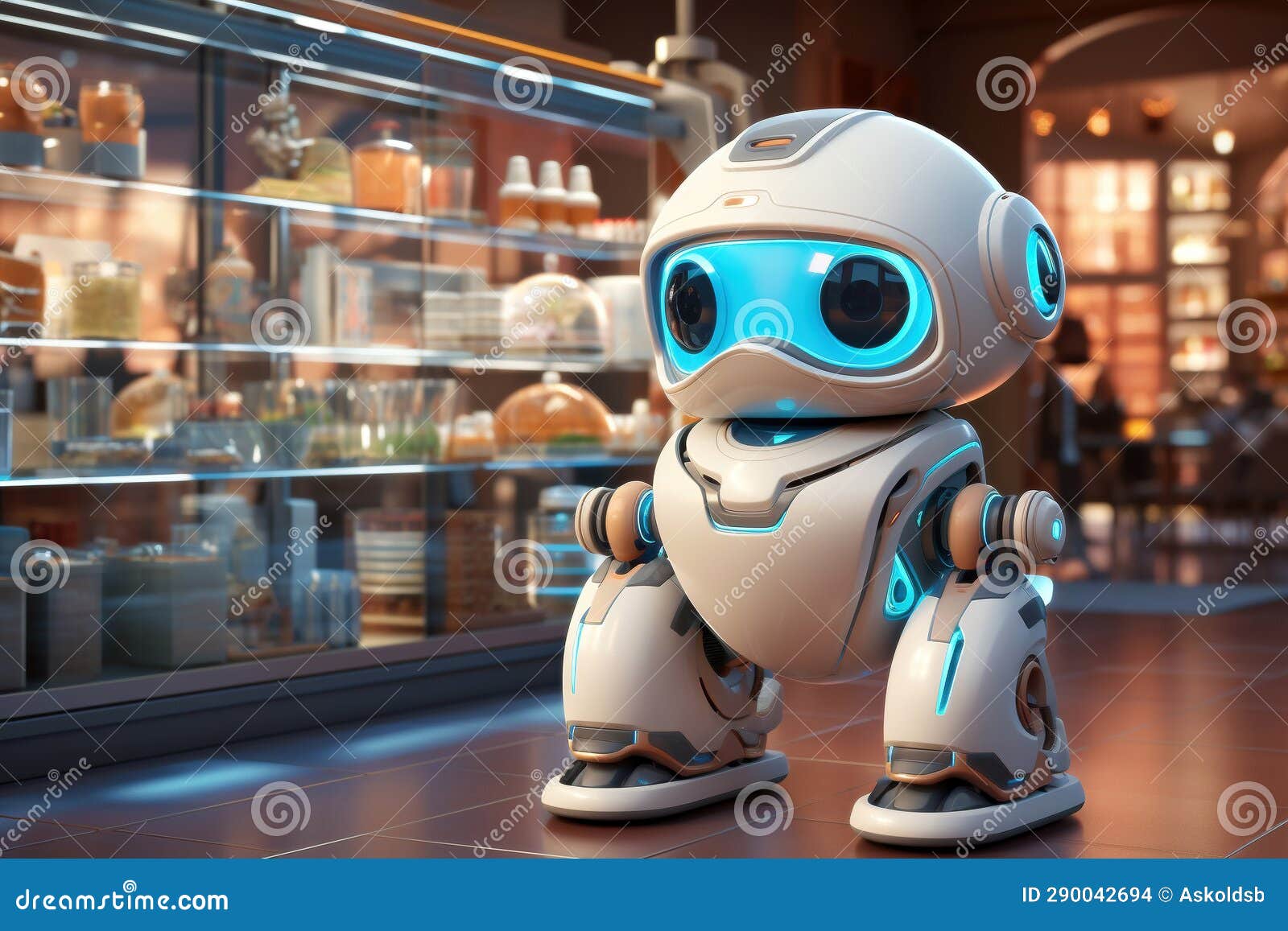 3d Rendering of a Robot in a Coffee Shop with Shelves in the Background ...