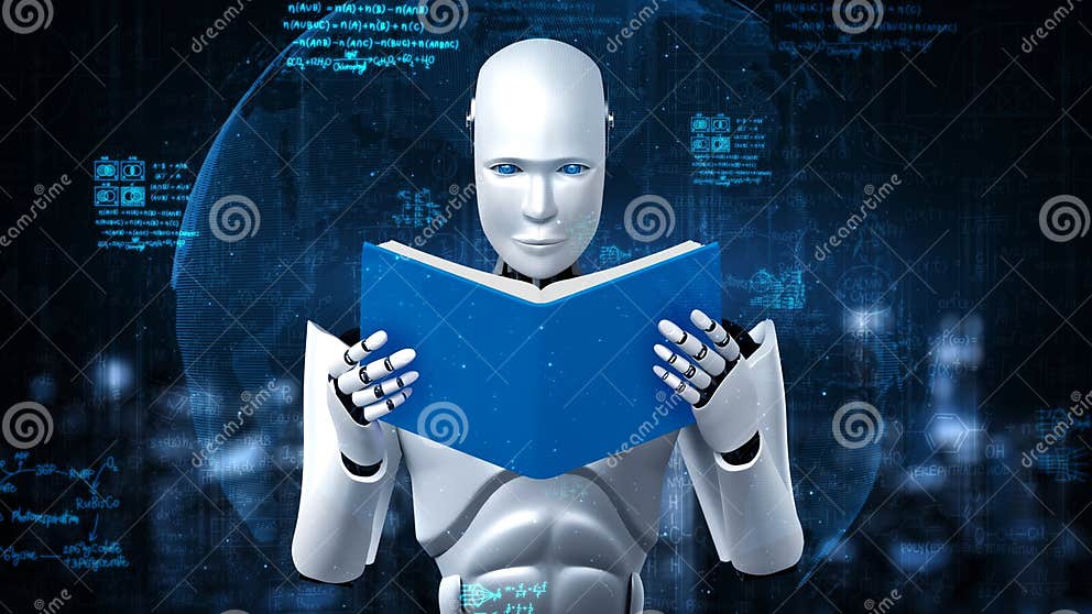3D Rendering of Robot Hominoid Reading Book and Solving Math Stock Illustration - Illustration ...