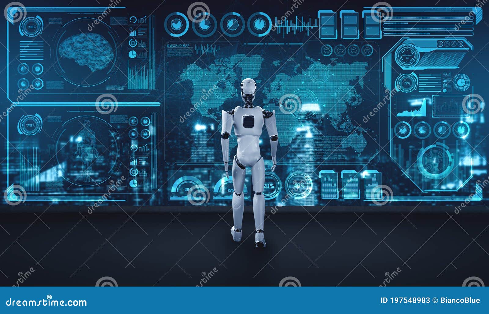 3d Rendering Robot Humanoid Analyzing Big Data Using Ai Thinking Stock Illustration