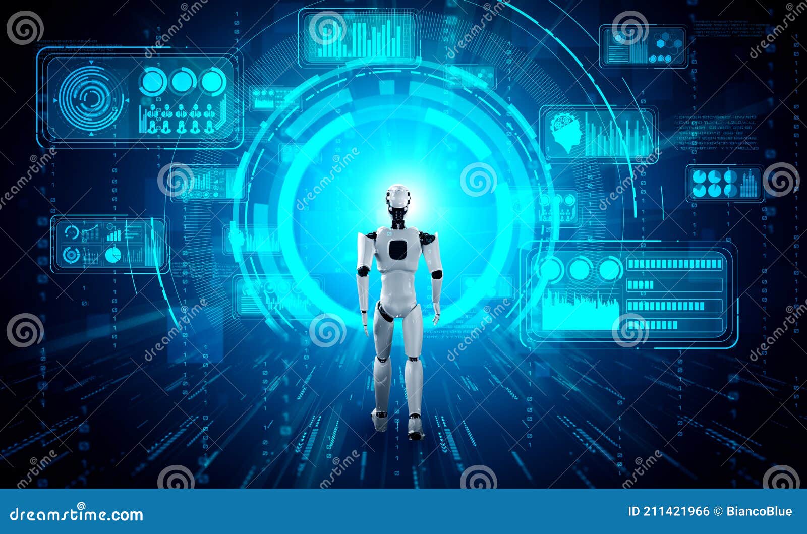 3d Rendering Robot Humanoid Analyzing Big Data Using Ai Thinking Stock Illustration