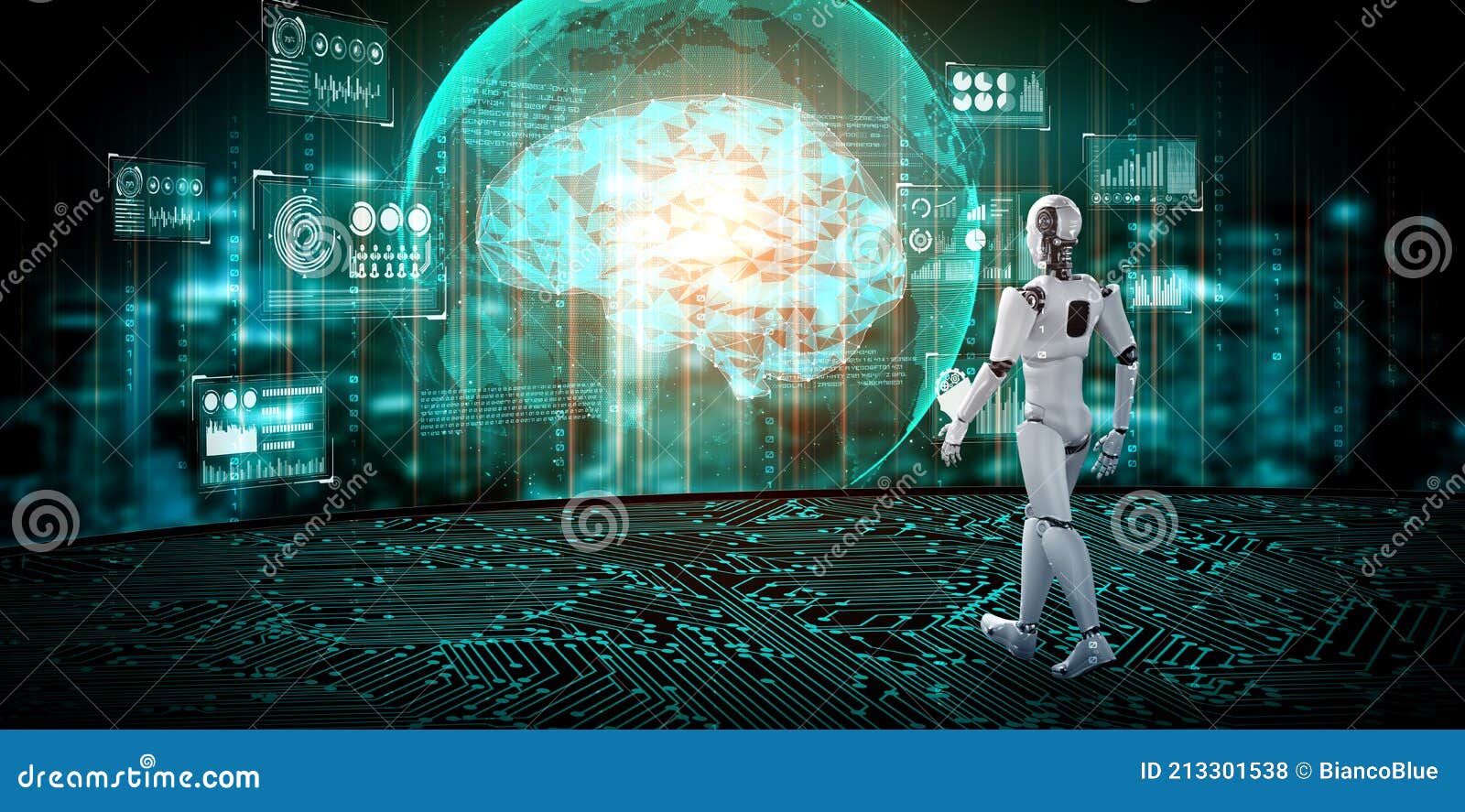 3d Rendering Robot Humanoid Analyzing Big Data Using Ai Thinking Stock Illustration