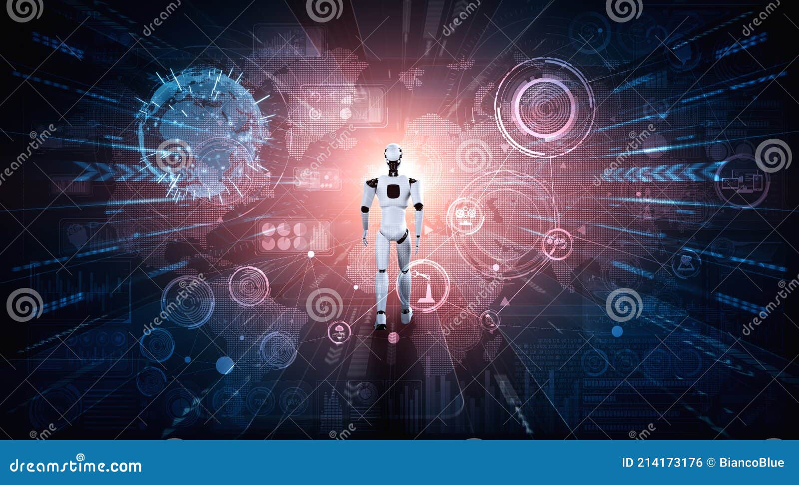 3d Rendering Robot Humanoid Analyzing Big Data Using Ai Thinking Stock Illustration