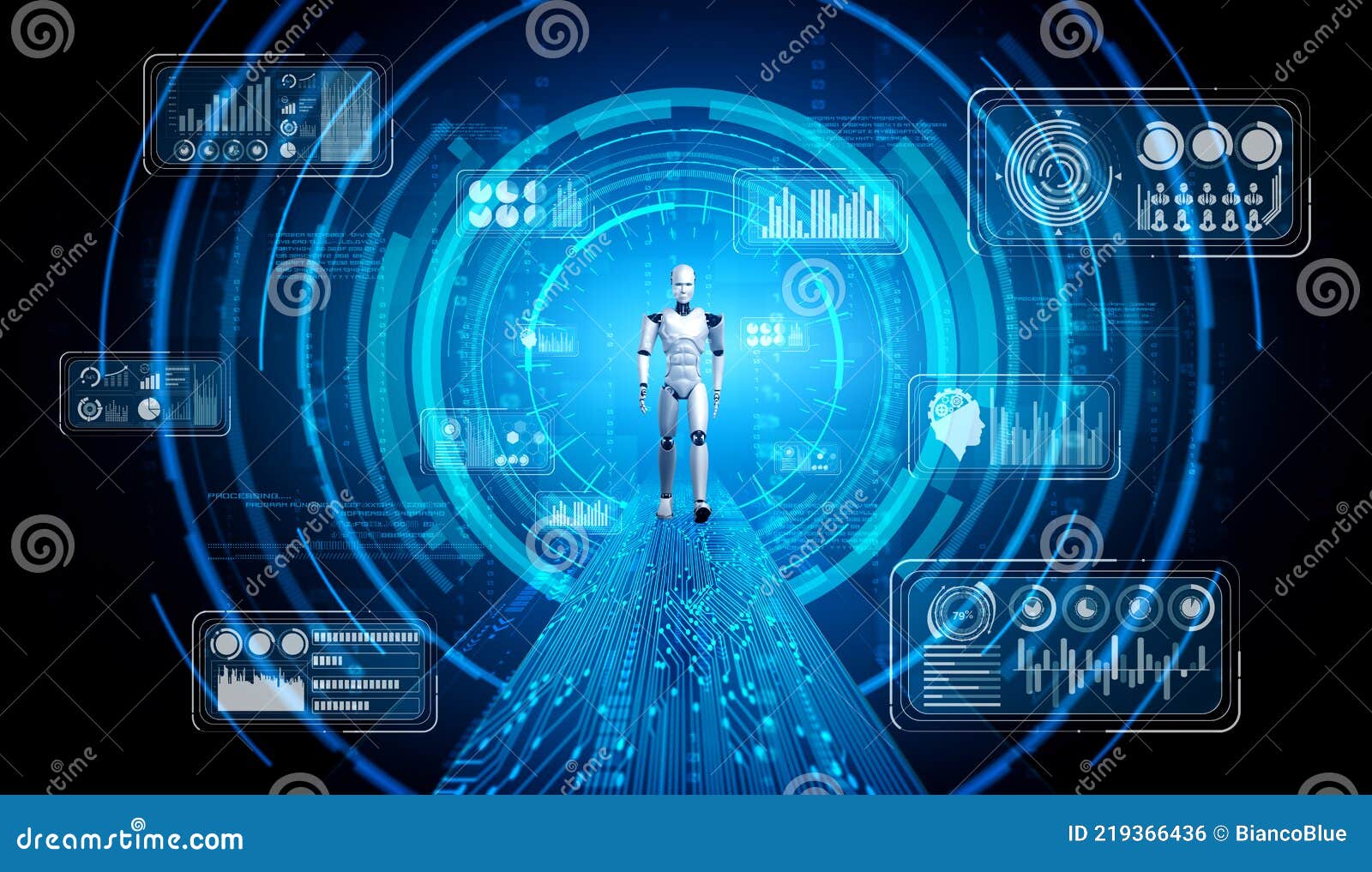 3d Rendering Robot Humanoid Analyzing Big Data Using Ai Thinking Stock Illustration