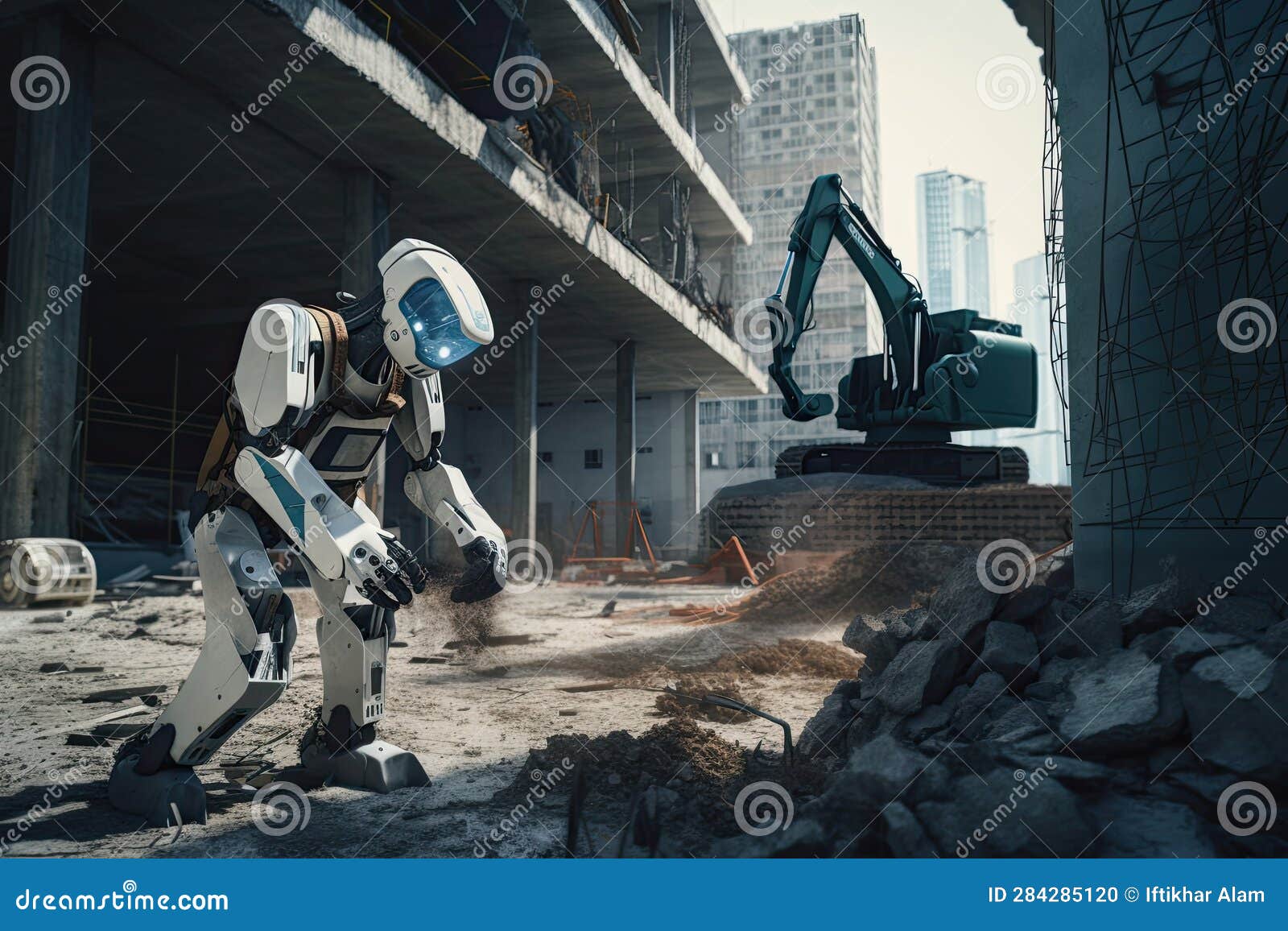 3d Rendering Robot Working on Building Construction Site. Futuristic ...