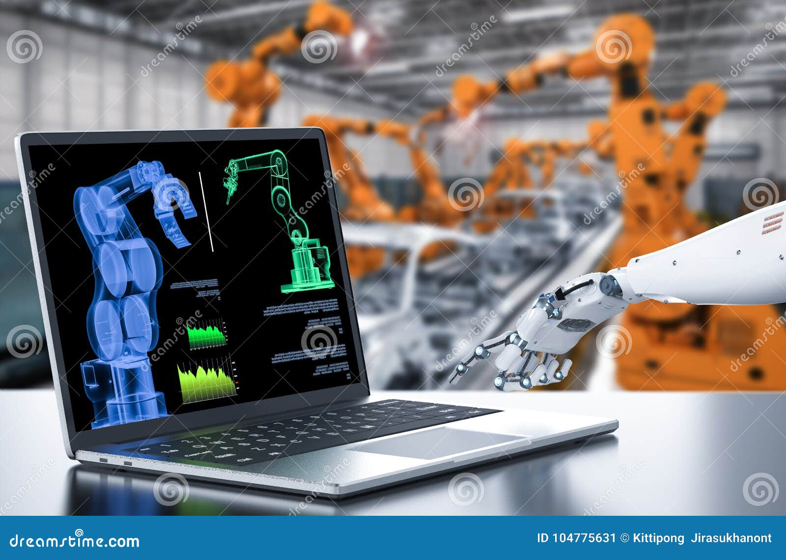 Robot with Computer in Factory Stock Illustration - Illustration of ...