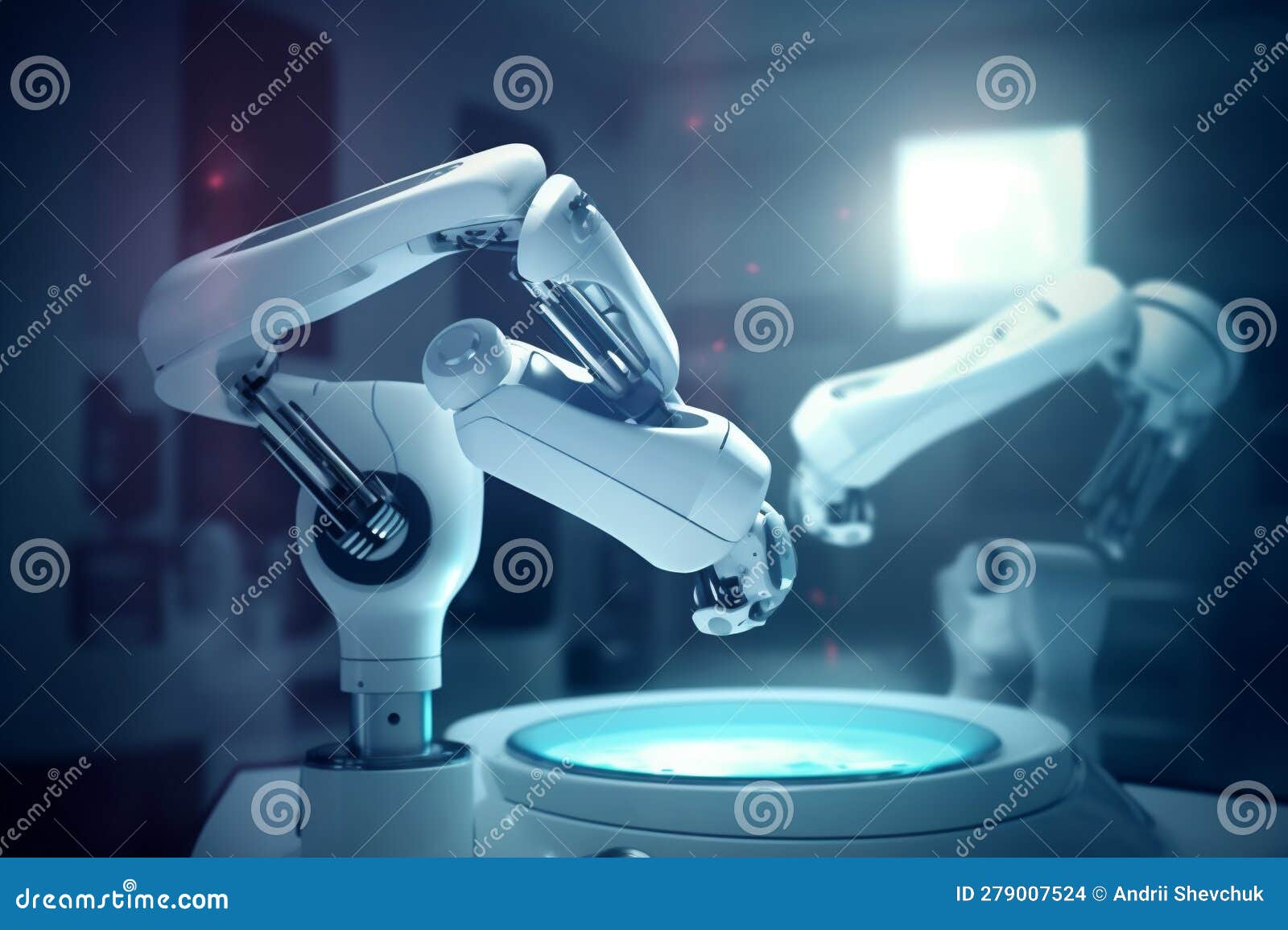 3d Rendering Robotic Arm with Blue Light in a Modern Medical Laboratory ...
