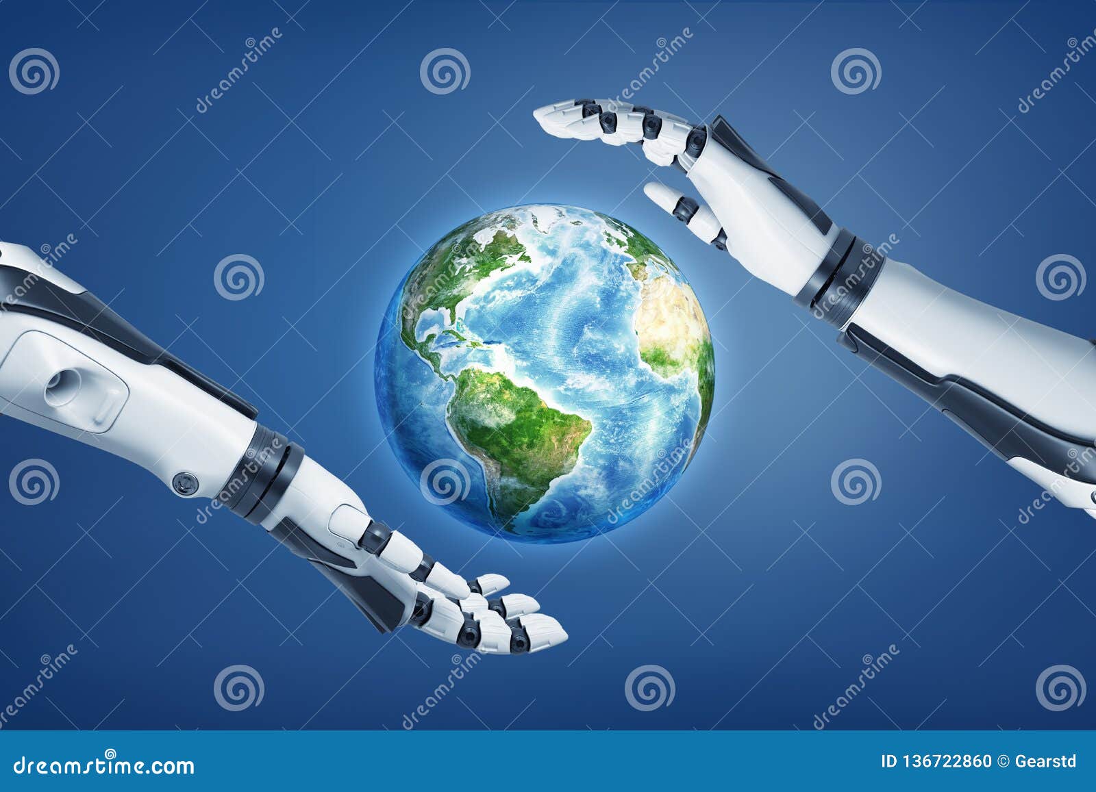 3d Rendering Of Robotic Hands Around Earth On Blue Background Stock ...