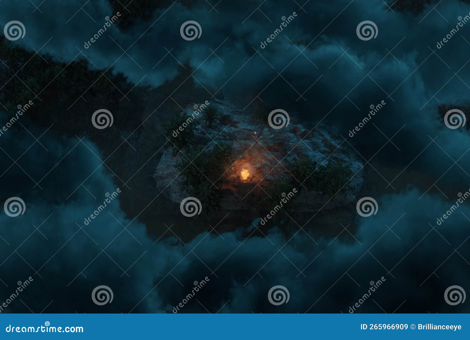 3d Rendering of a Rock Island with Bonfire from Top View Stock ...