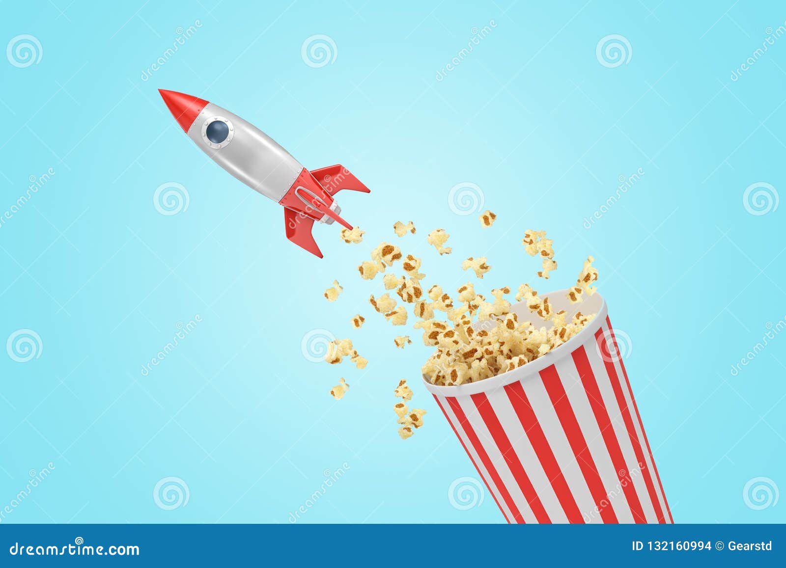 3d Rendering of Rocket Flying Out of Popcorn Bucket on Light Blue ...