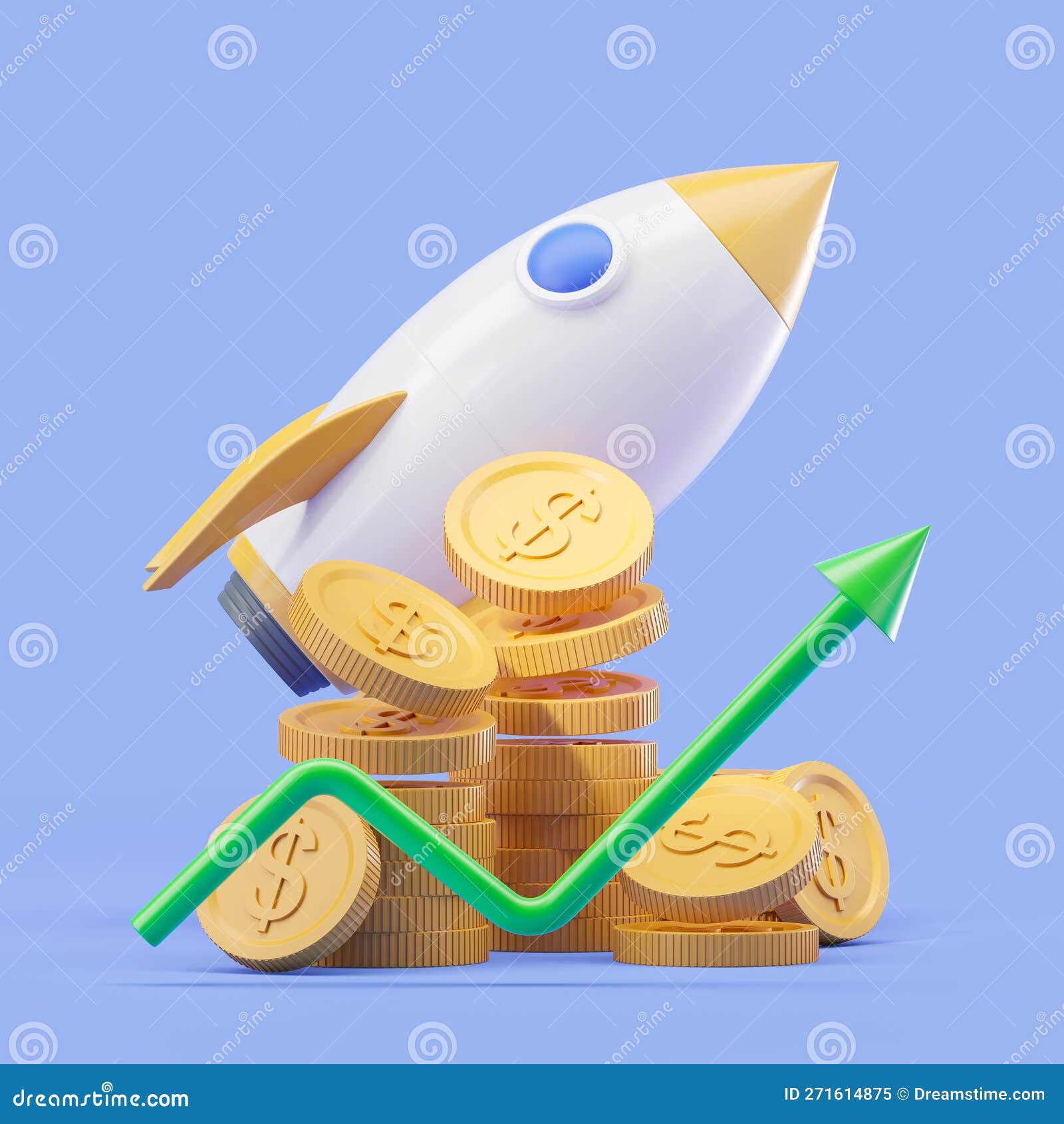 3d Rendering. Rocket Launch and Rising Line with Stack of Coins ...