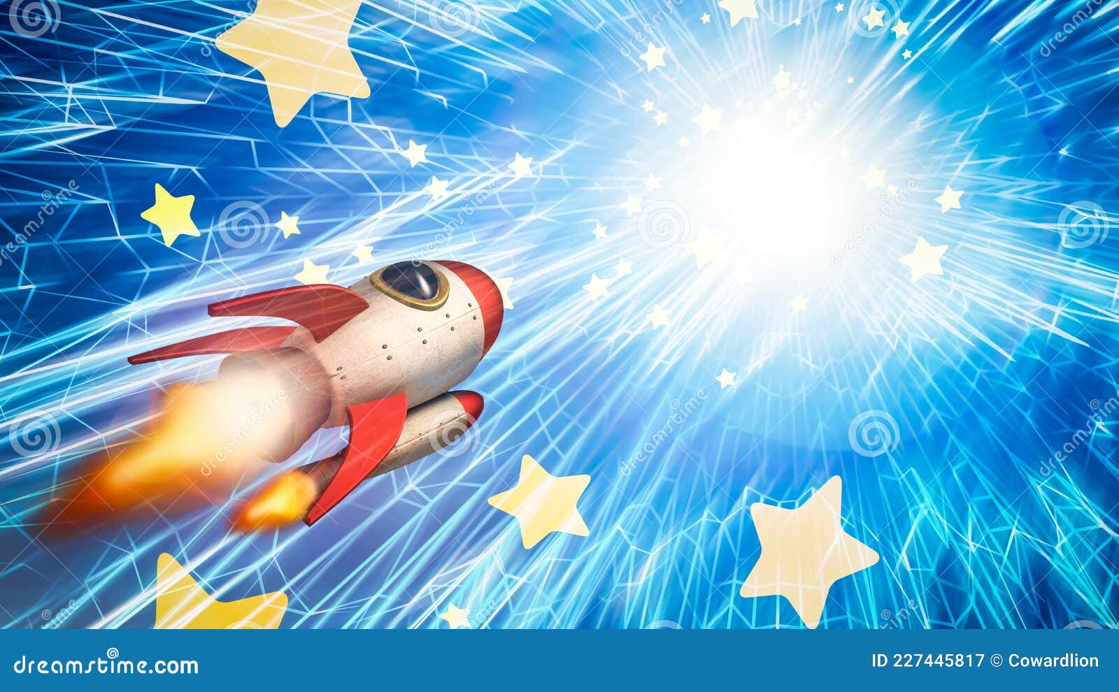 3D Rendering Of A Rocket Launched Into The Sky With The Stars, The Sun ...