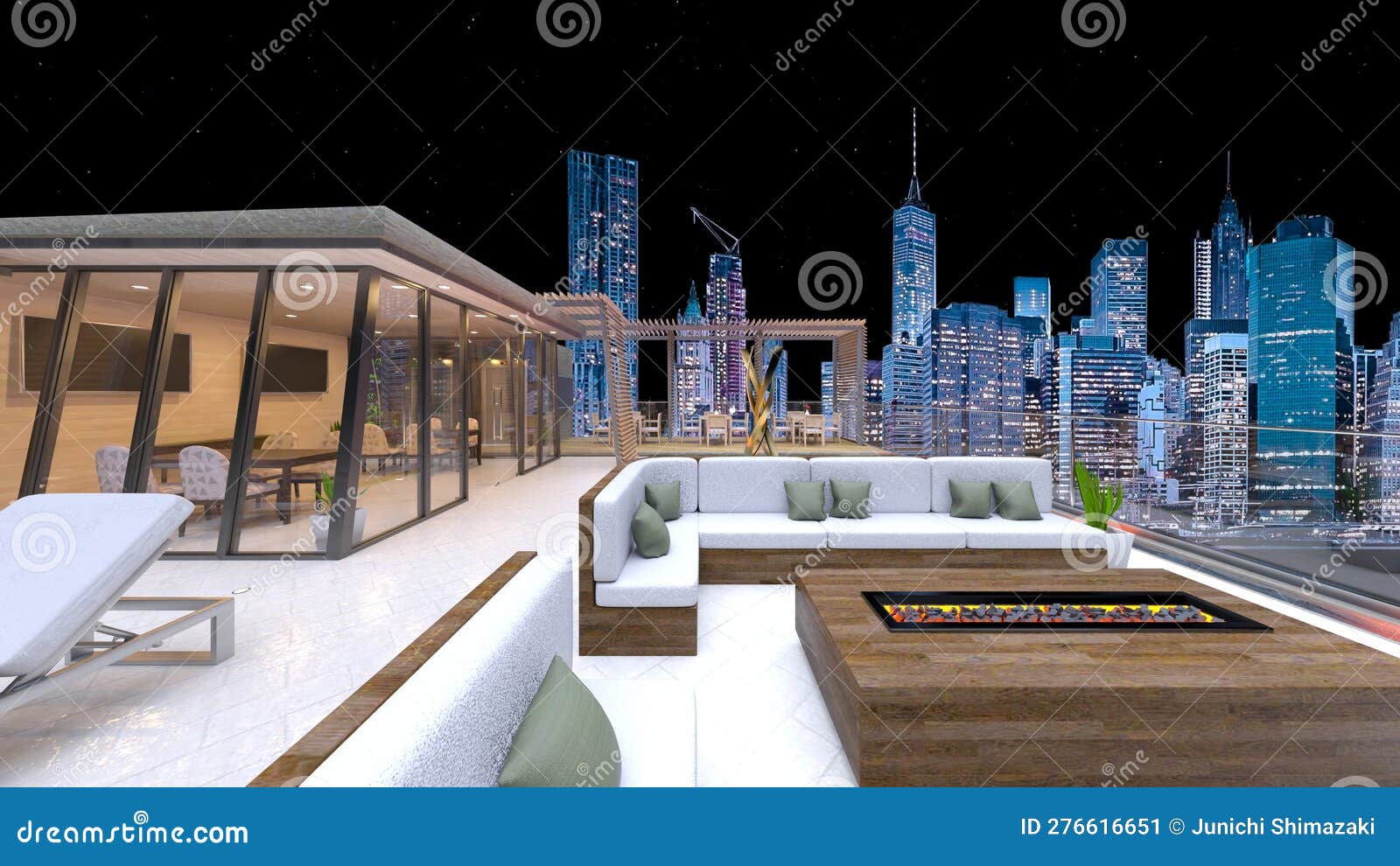 3D Rendering of the Rooftop Terrace with Night View Stock Illustration ...