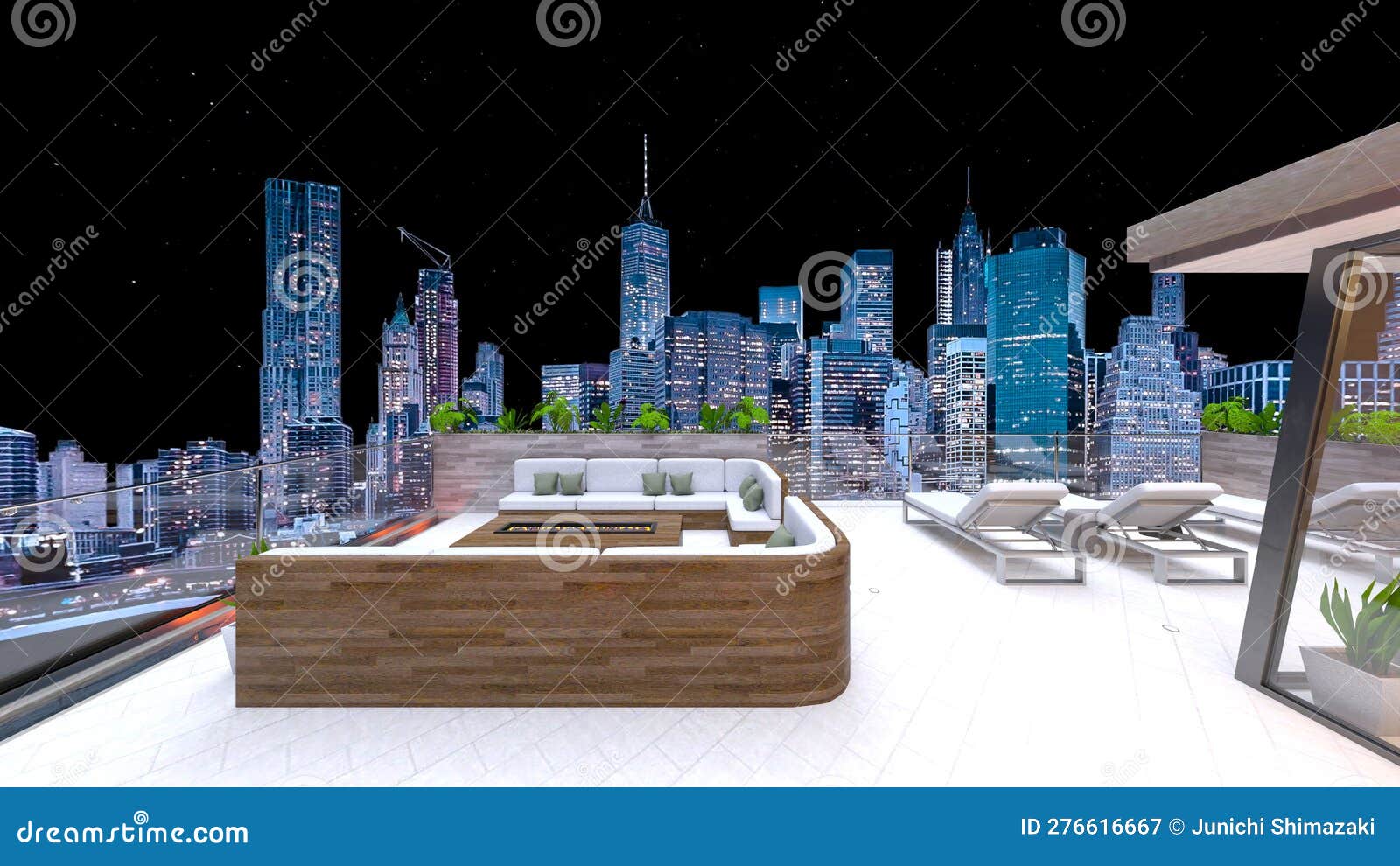3D Rendering of the Rooftop Terrace with Night View Stock Illustration ...