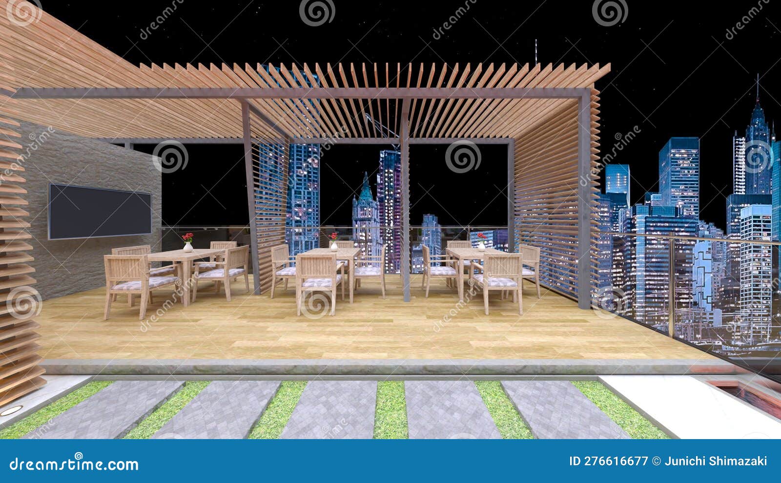 3D Rendering of the Rooftop Terrace with Night View Stock Illustration ...