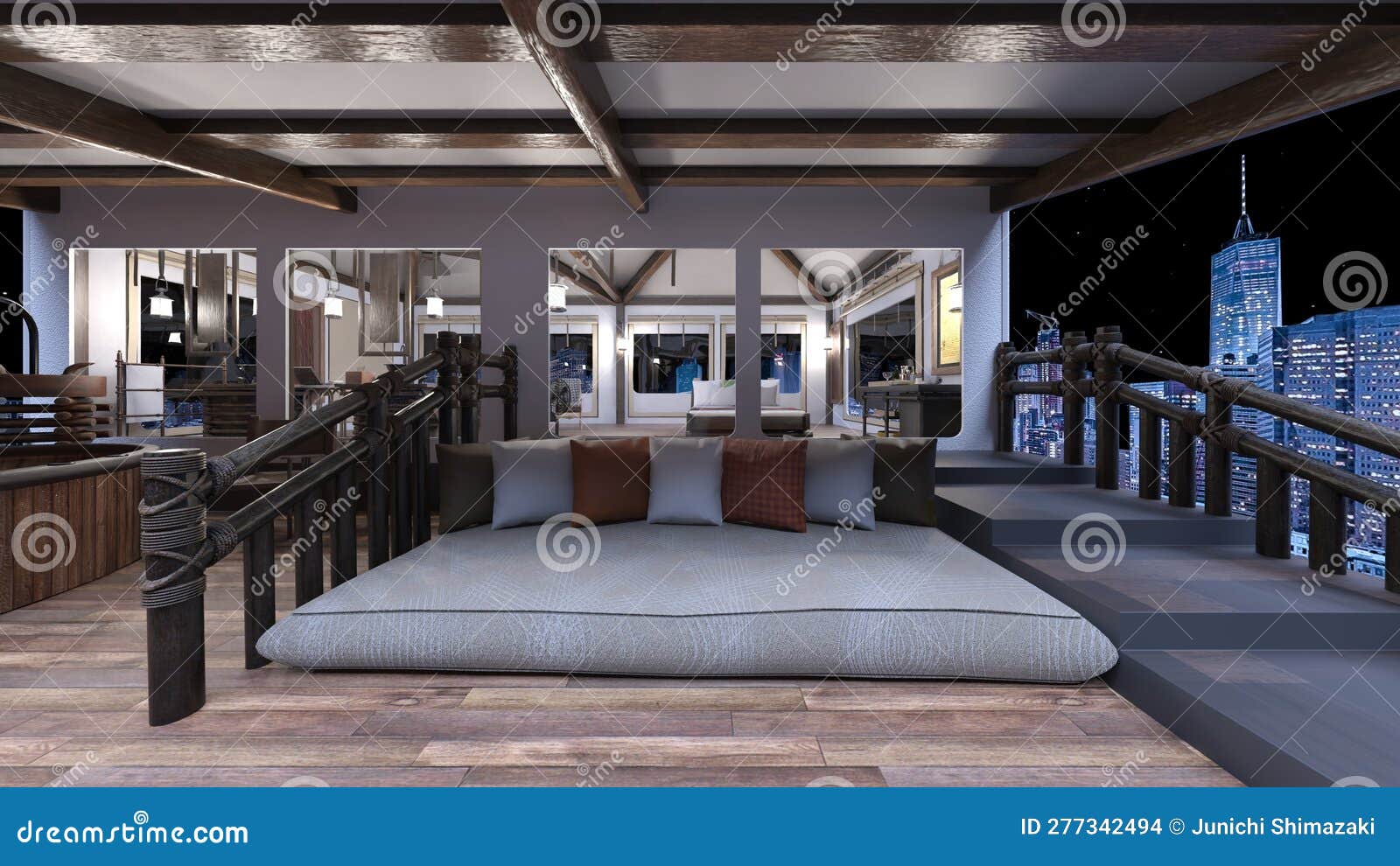 3D Rendering of the Rooftop Terrace with Night View Stock Illustration ...