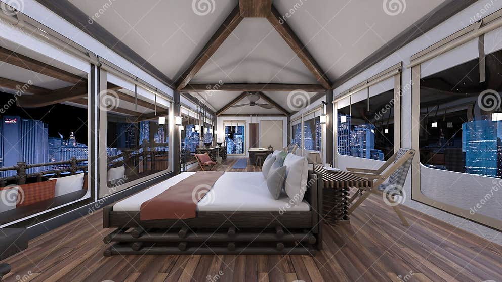 3D Rendering of the Rooftop Terrace with Night View Stock Illustration ...
