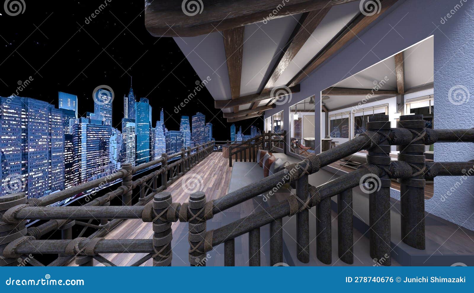 3D Rendering of the Rooftop Terrace with Night View Stock Illustration ...