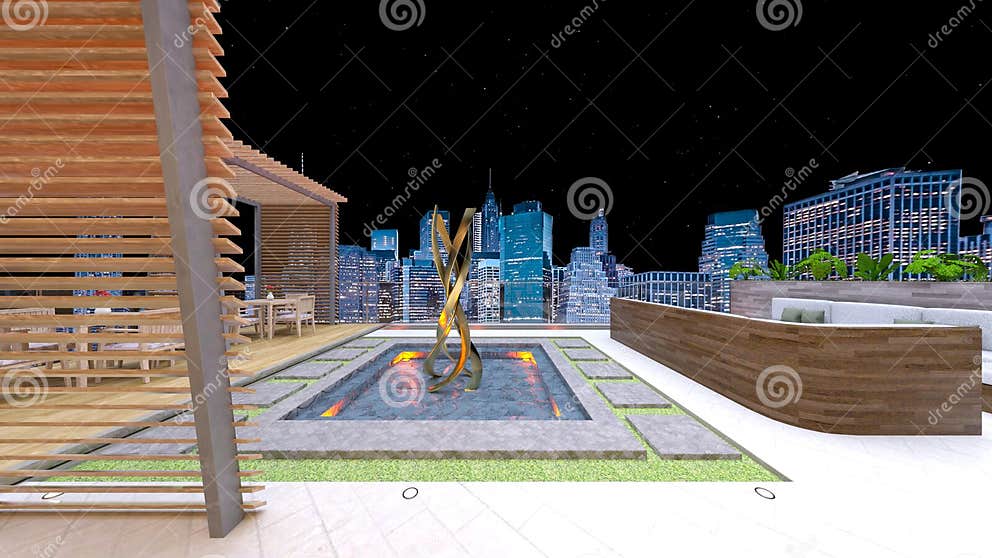 3D Rendering of the Rooftop Terrace with Night View Stock Illustration ...