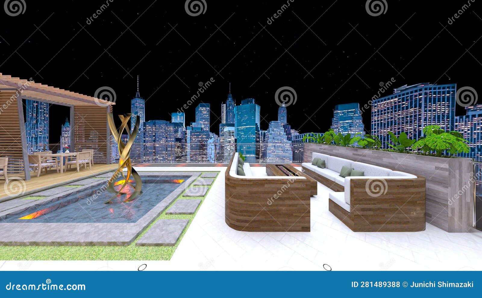 3D Rendering of the Rooftop Terrace with Night View Stock Illustration ...
