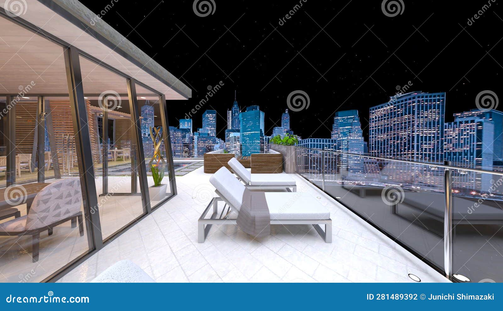 3D Rendering of the Rooftop Terrace with Night View Stock Illustration ...
