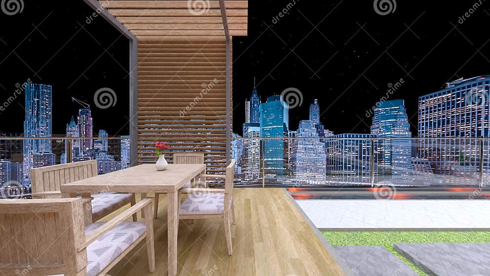 3D Rendering of the Rooftop Terrace with Night View Stock Illustration ...