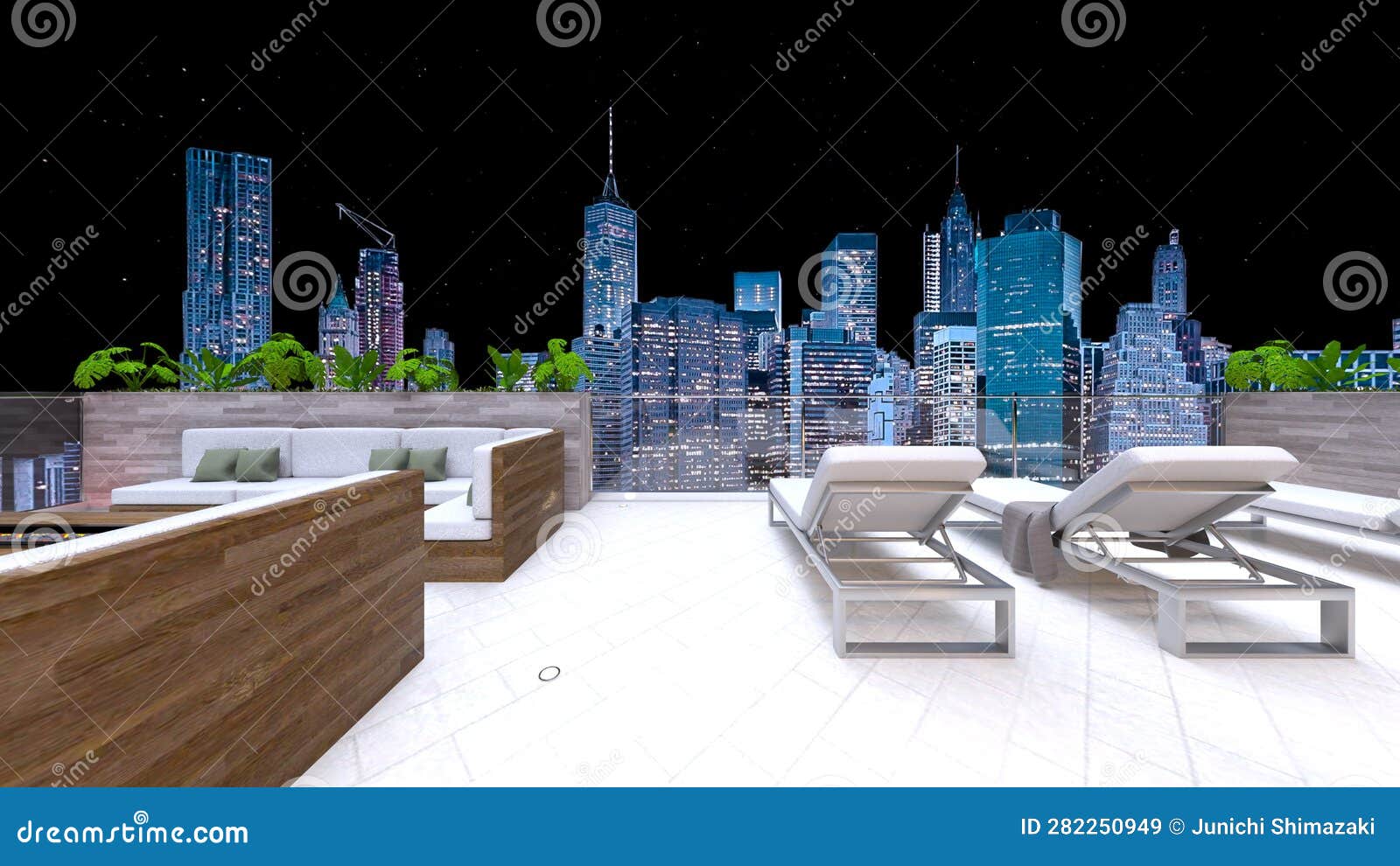 3D Rendering of the Rooftop Terrace with Night View Stock Illustration ...