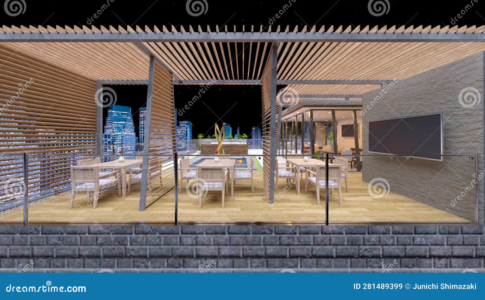 3D Rendering of the Rooftop Terrace with Night View Stock Illustration ...