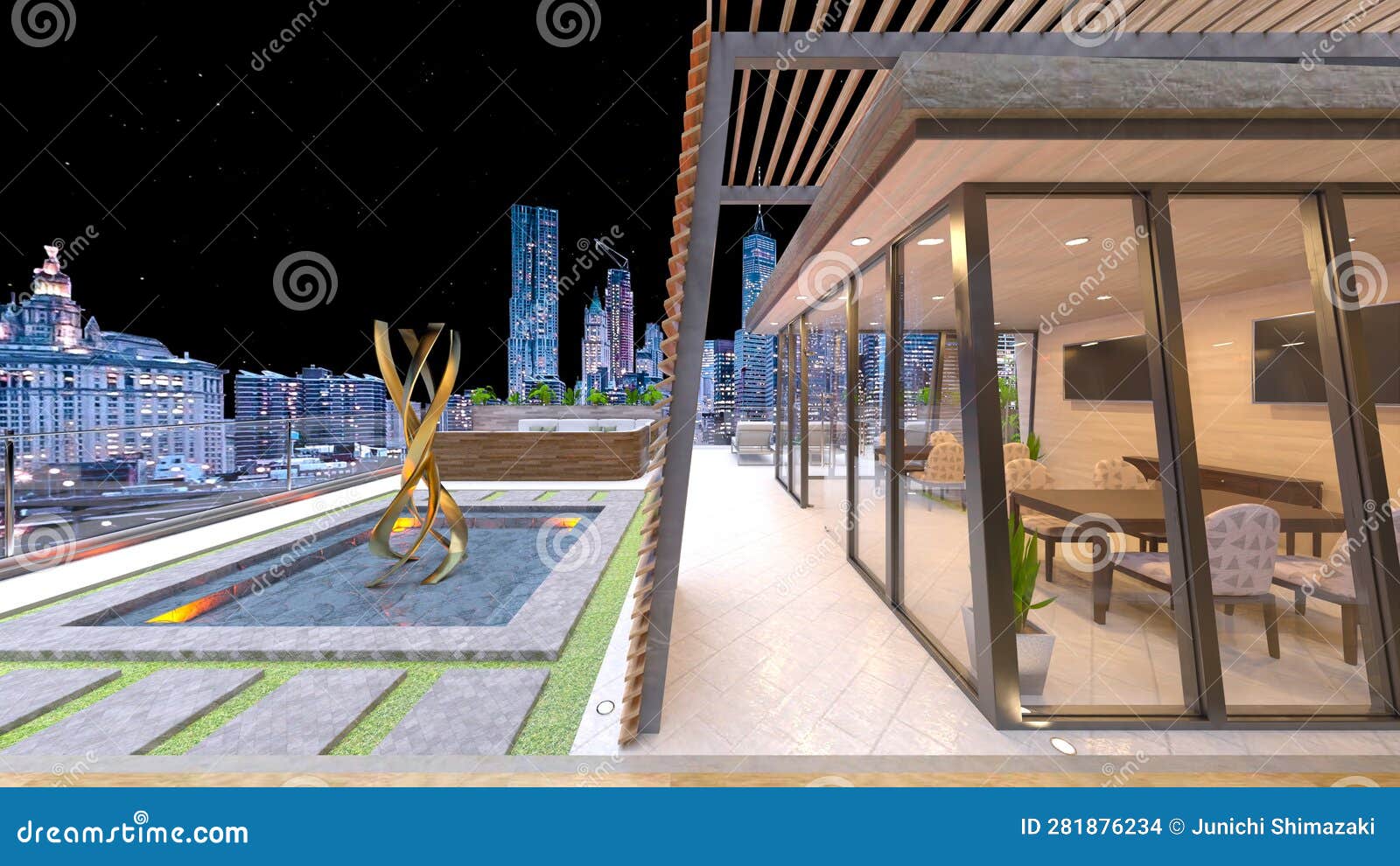 3D Rendering of the Rooftop Terrace with Night View Stock Illustration ...
