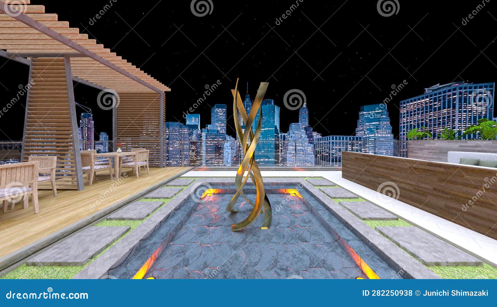 3D Rendering of the Rooftop Terrace with Night View Stock Illustration ...