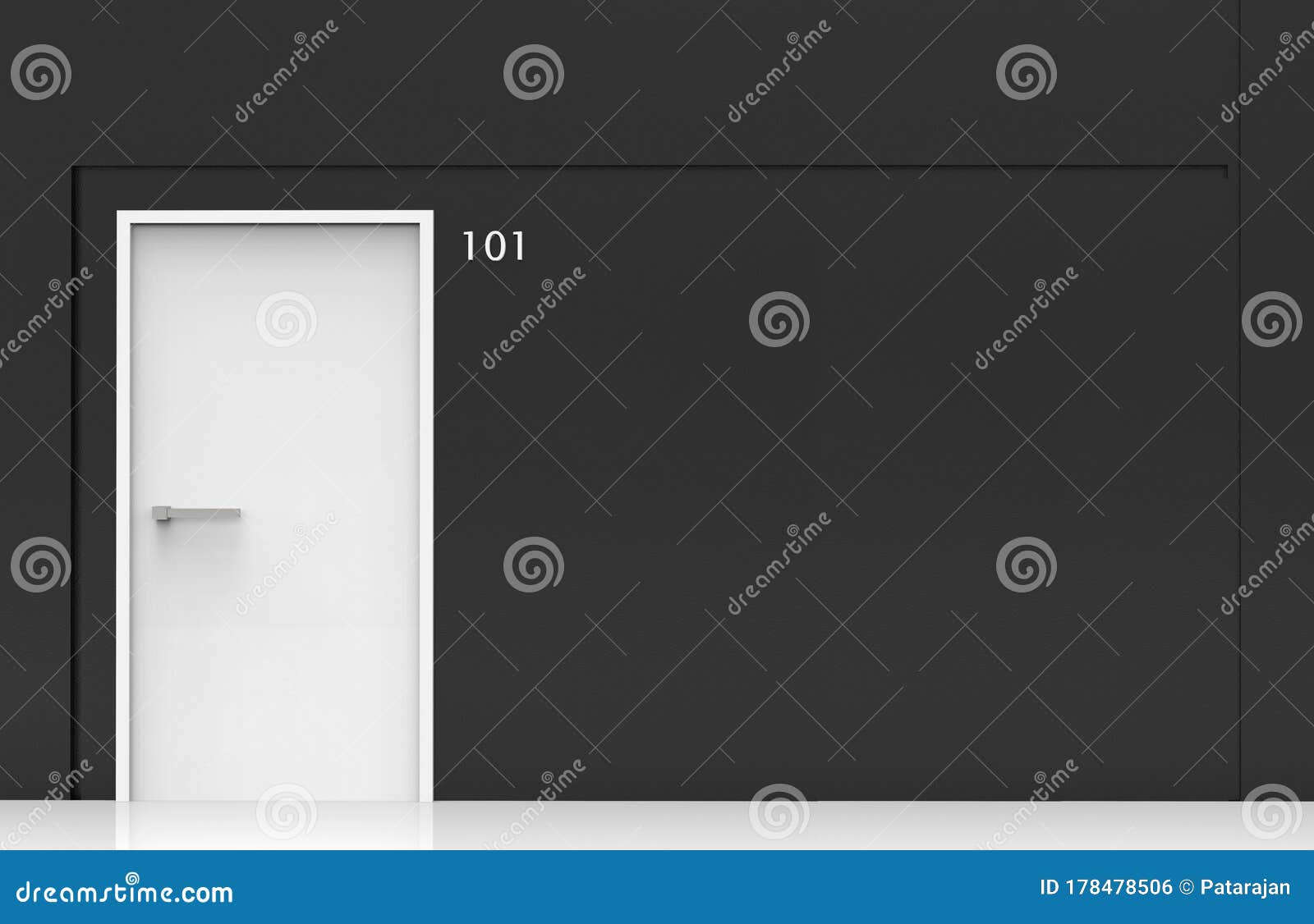 3d Rendering. 101 Room Number on White Door on Black Cement Wall ...