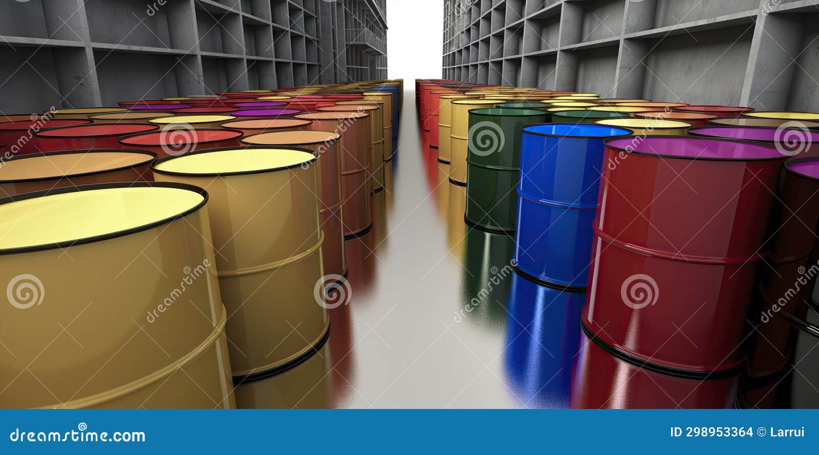 3D Rendering of Rows of Colorful Oil Drums in a Warehouse with a ...