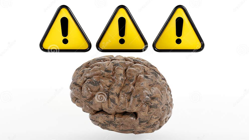 3D Rendering of a Rusty Brain with an Exclamation Mark, Sign, Warning ...