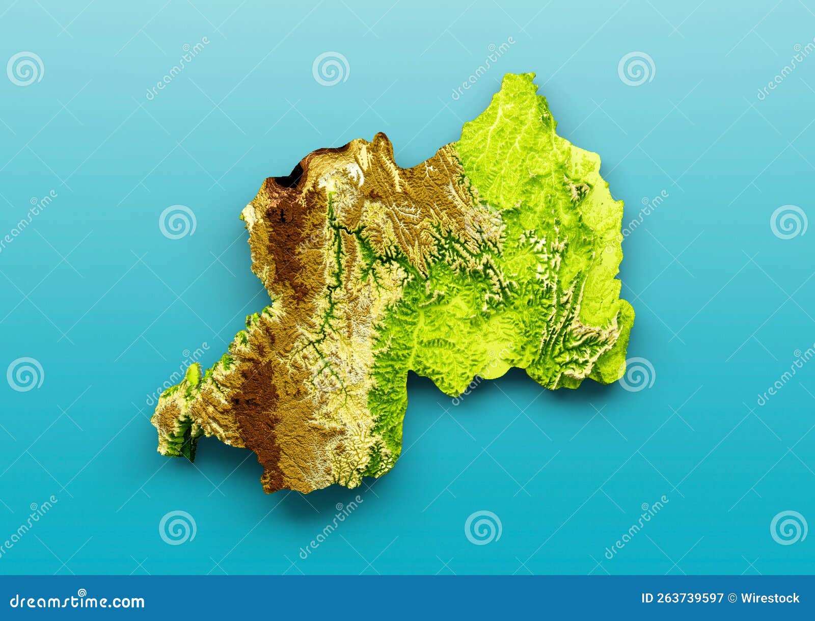 3D Rendering of Rwanda Relief Map Isolated on a Bluebackground Stock ...